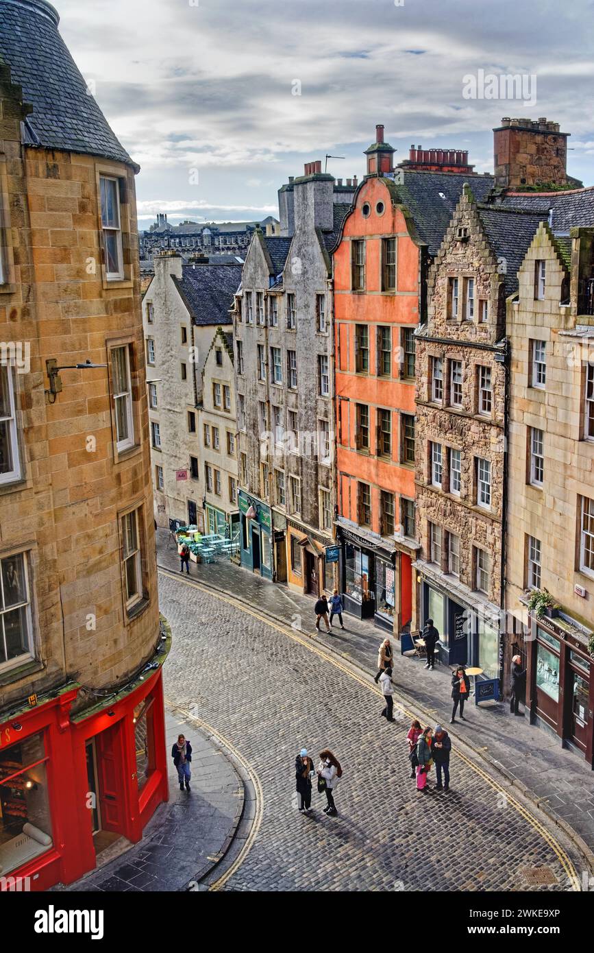 UK, Scotland, Edinburgh, West Bow, Shops and Apartments seen from ...