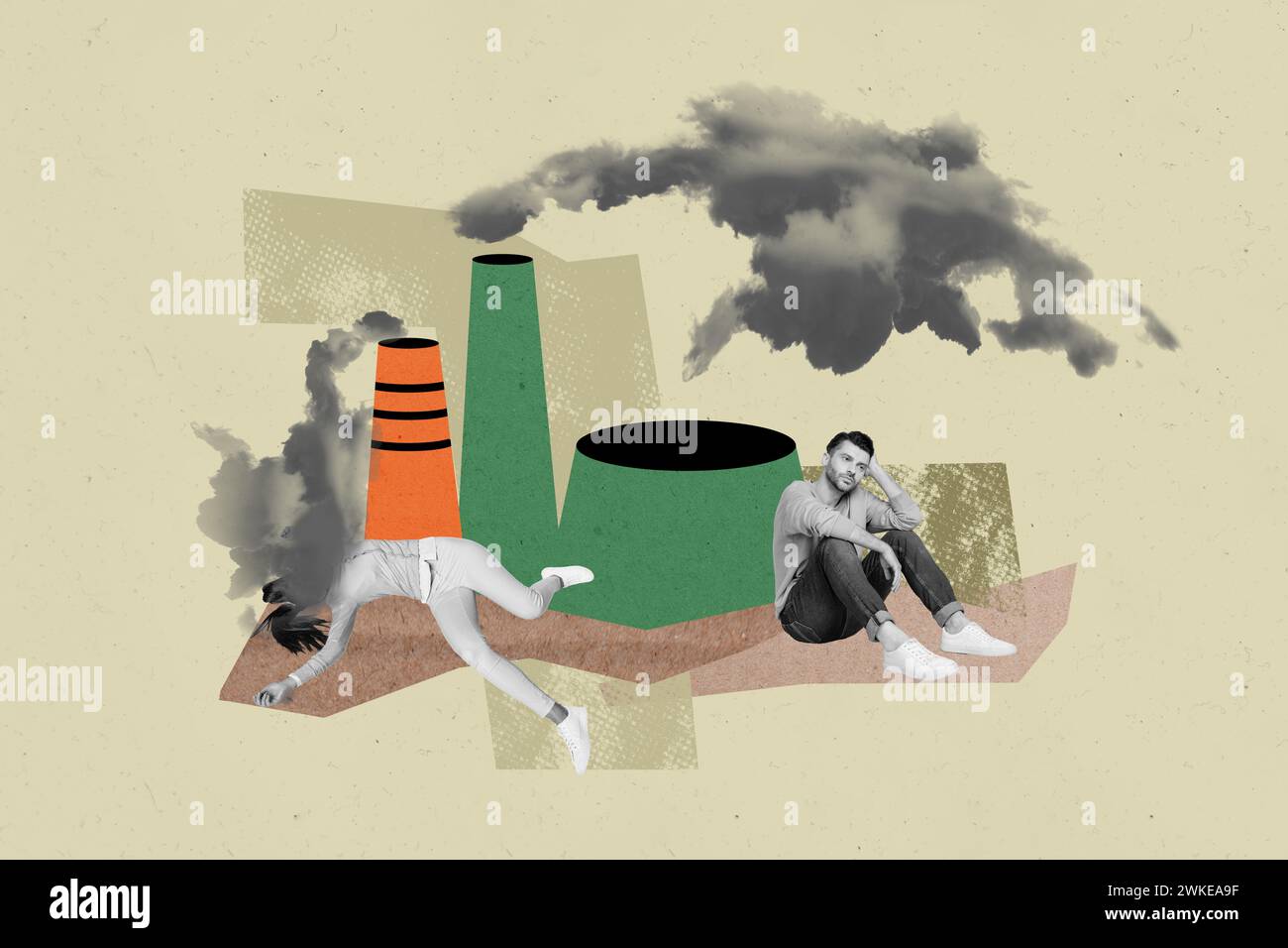 Collage man sit sad fabric manufacture station air pollution chimney ...