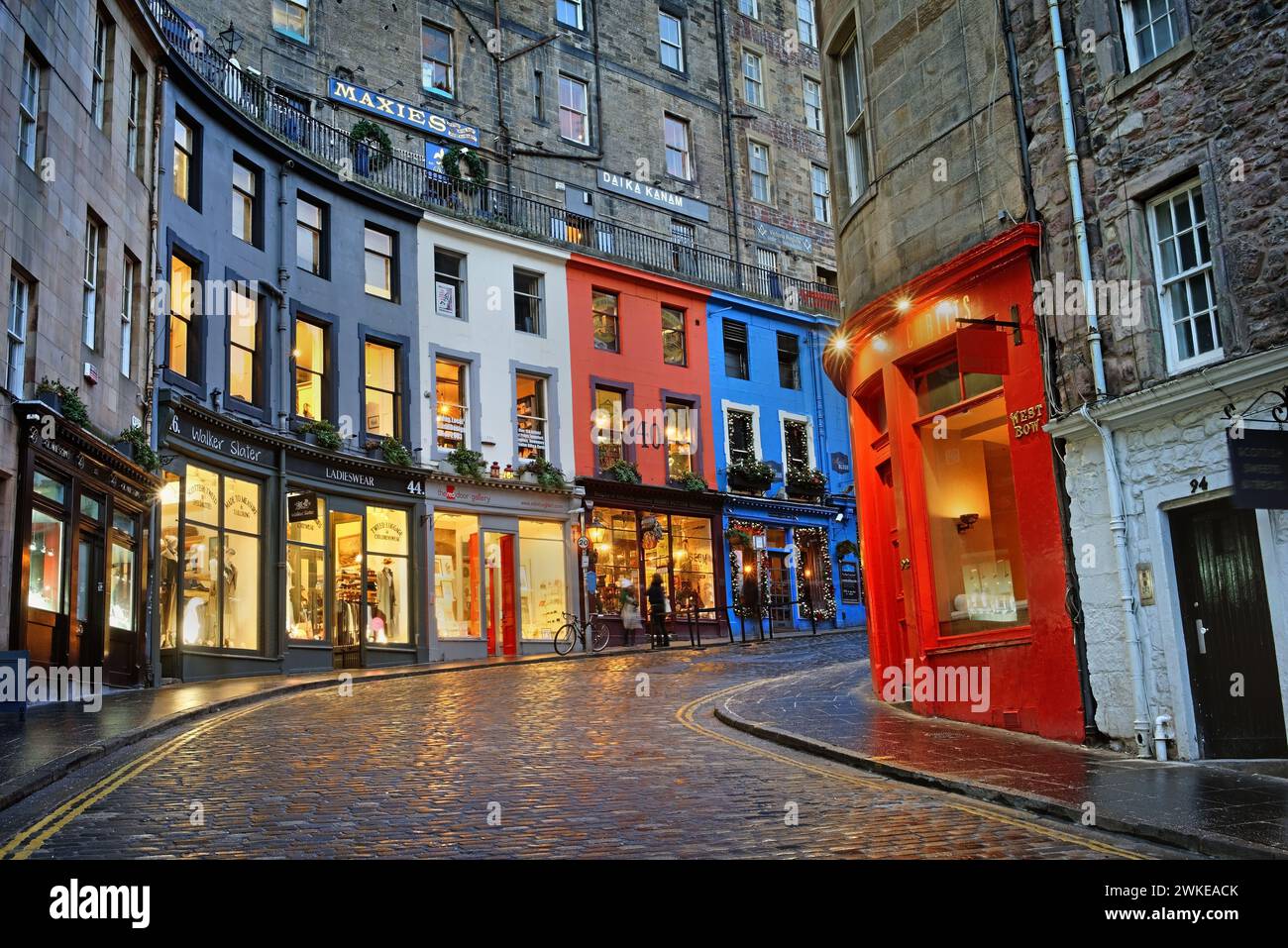 UK, Scotland, Edinburgh, West Bow Shops and Apartments at Night Stock ...