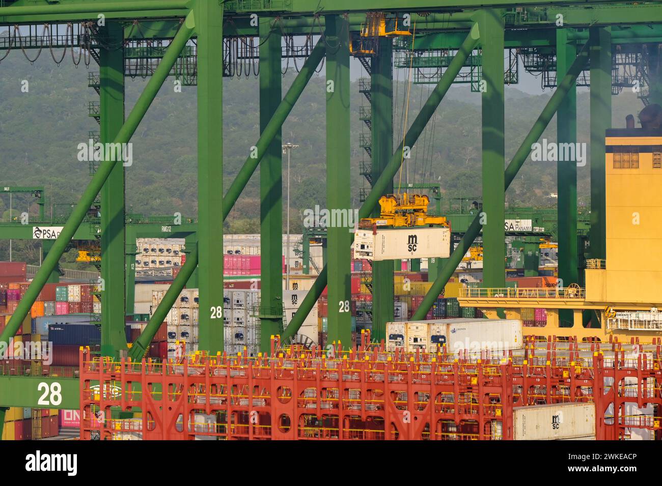 Panama City, Panama - 23 January 2024: Cranes unloading a container ...