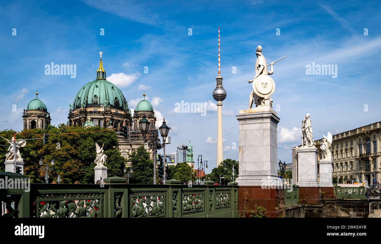 The berlin cathedral, the TV tower and the statues of Schlossbrücke on ...