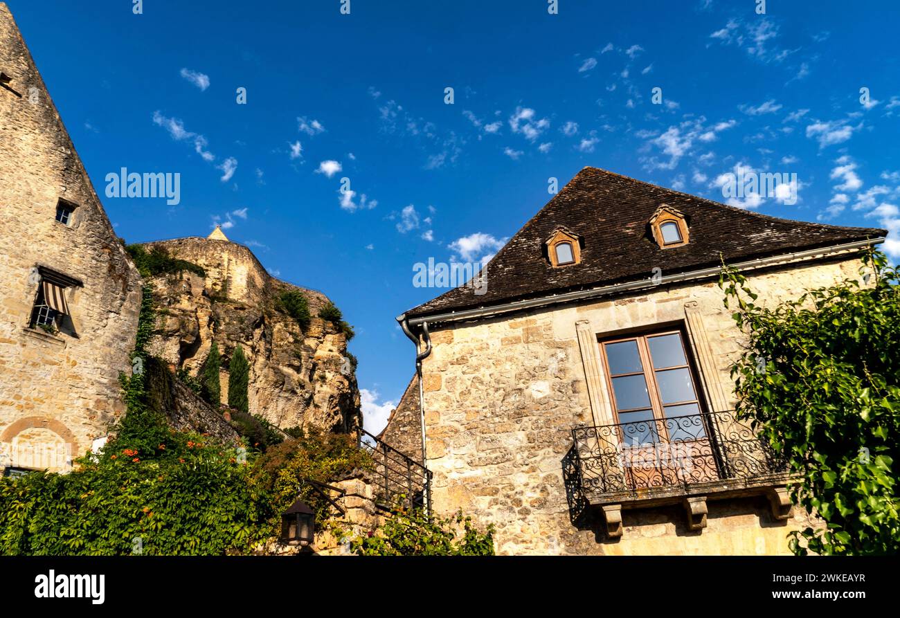 The castle of Beynac from below on a sunny cloudless day Stock Photo ...