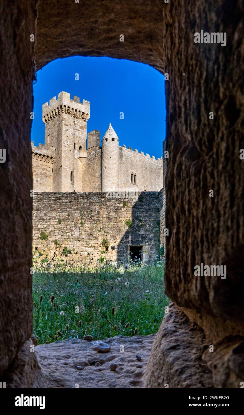 The castle of Beynac in the afternoon with walls and blue sky Stock ...