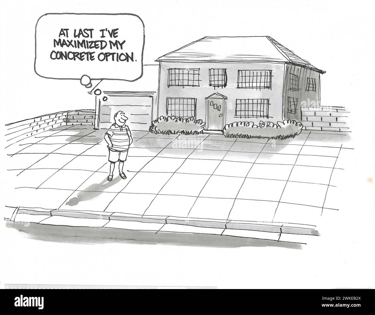 BW cartoon of a happy man, smiling because he has filled his yard with ...