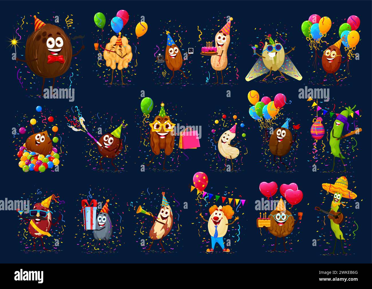 Cartoon nut characters on holiday and birthday with party hats, cake ...