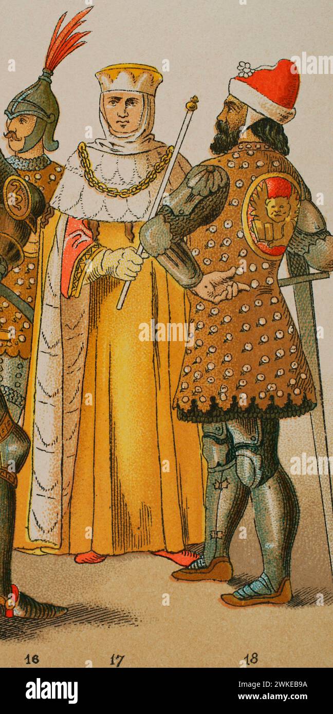 History of Italy. 1300. From left to right, 17: Roman senator, 18: Doge ...