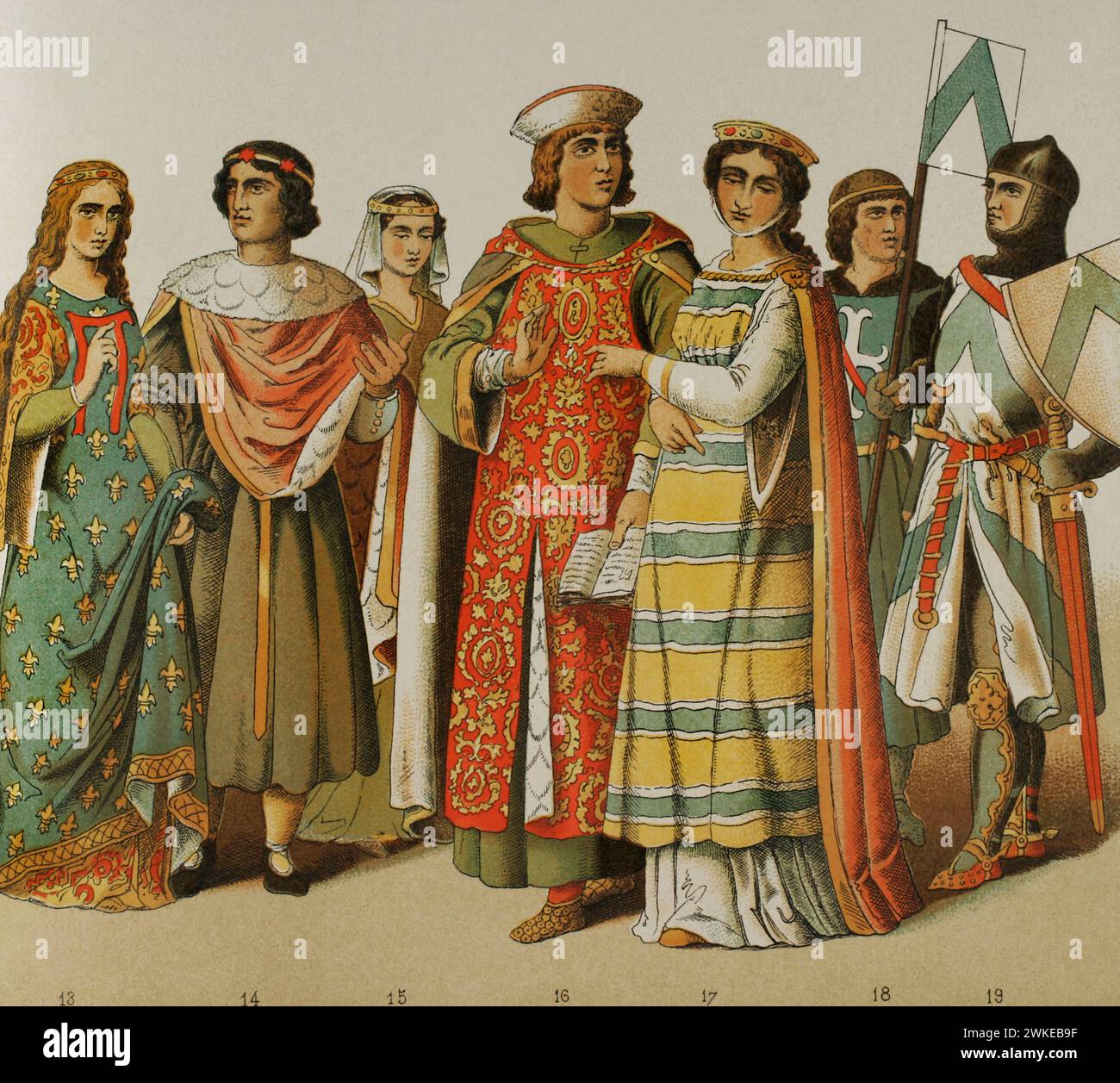 History of France. 1200. From left to right, 13: noblewoman, 14 ...