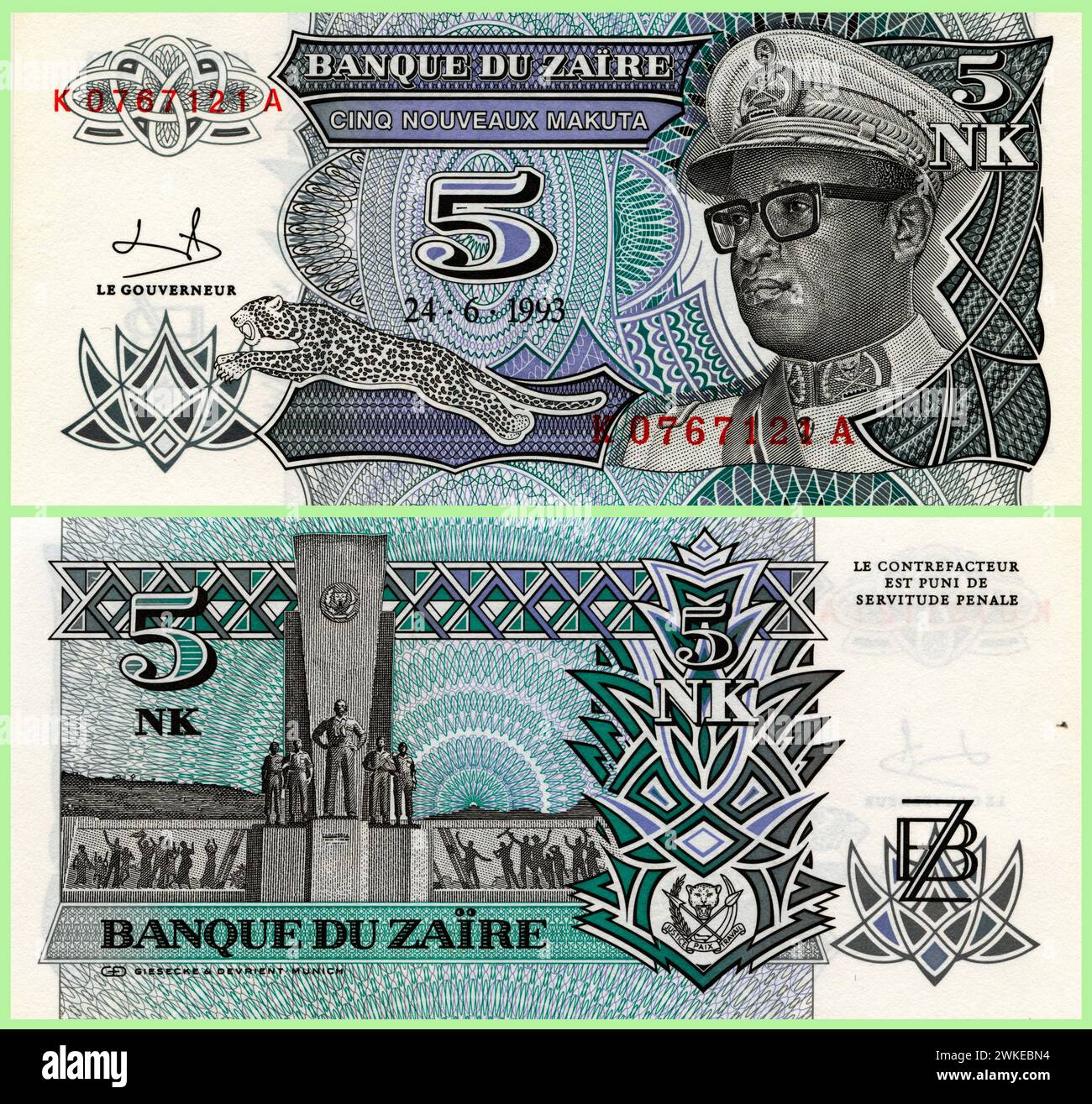 África. Zaire. Billete de cinco nuevos makuta emitido por el Banco del ...