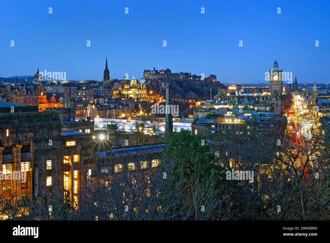 UK, Scotland, Edinburgh, Calton Hill and Edinburgh Skyline at Dusk ...