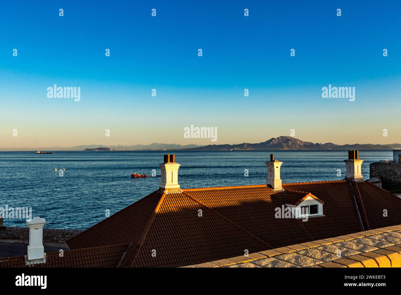 Europa Point, Gibraltar. Evening and sunset seen over Mediterranean sea ...