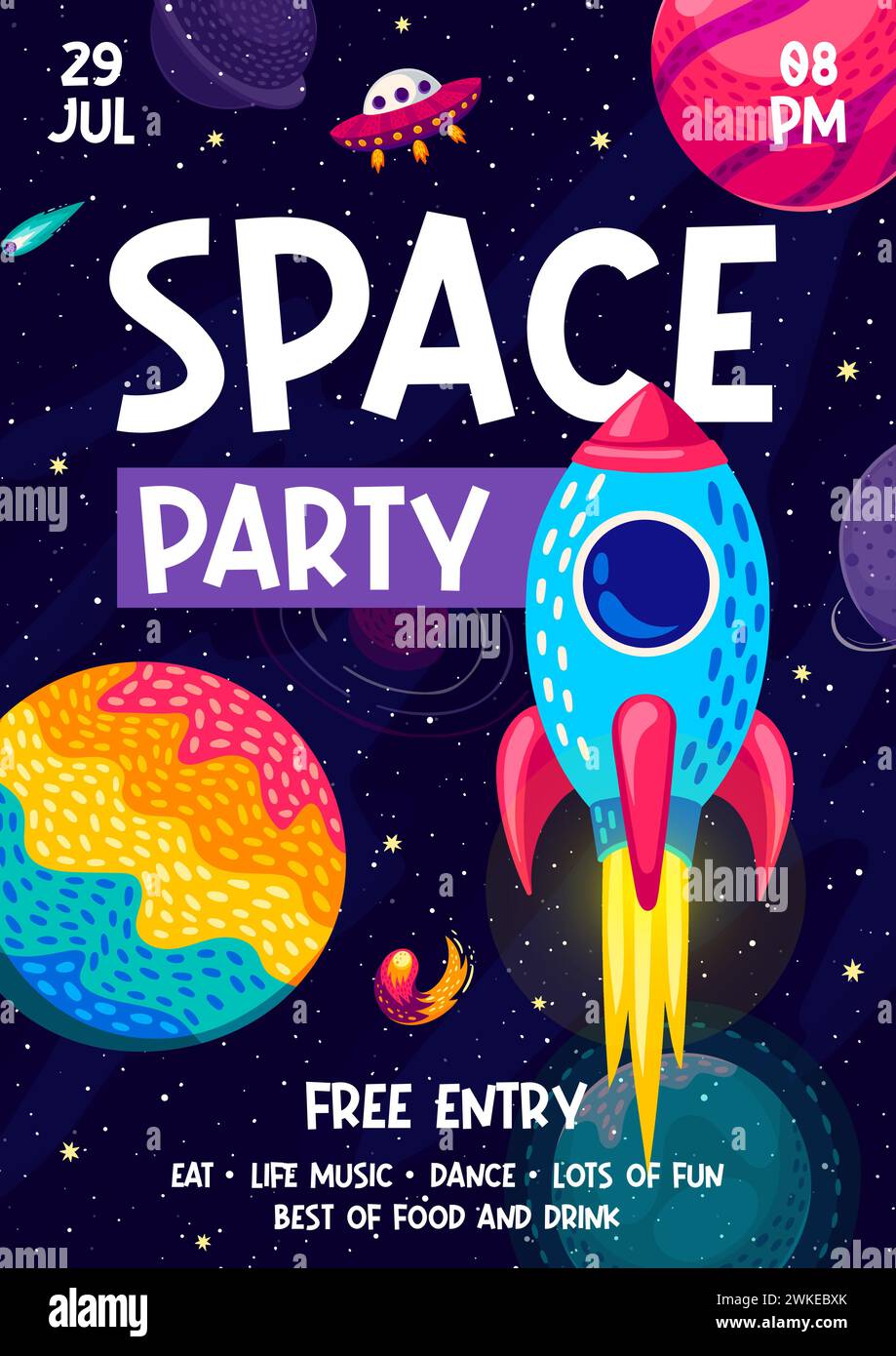 Space party flyer with cartoon rocket and UFO spaceship on starry ...