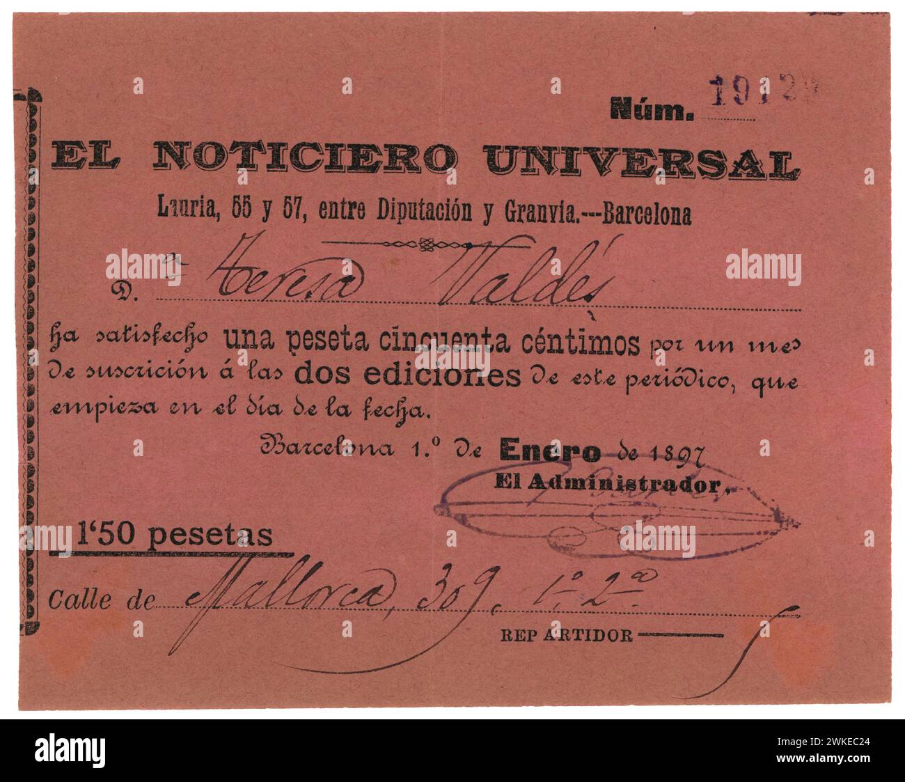 España. Barcelona. Recibo de suscripción al periódico El Notiero ...