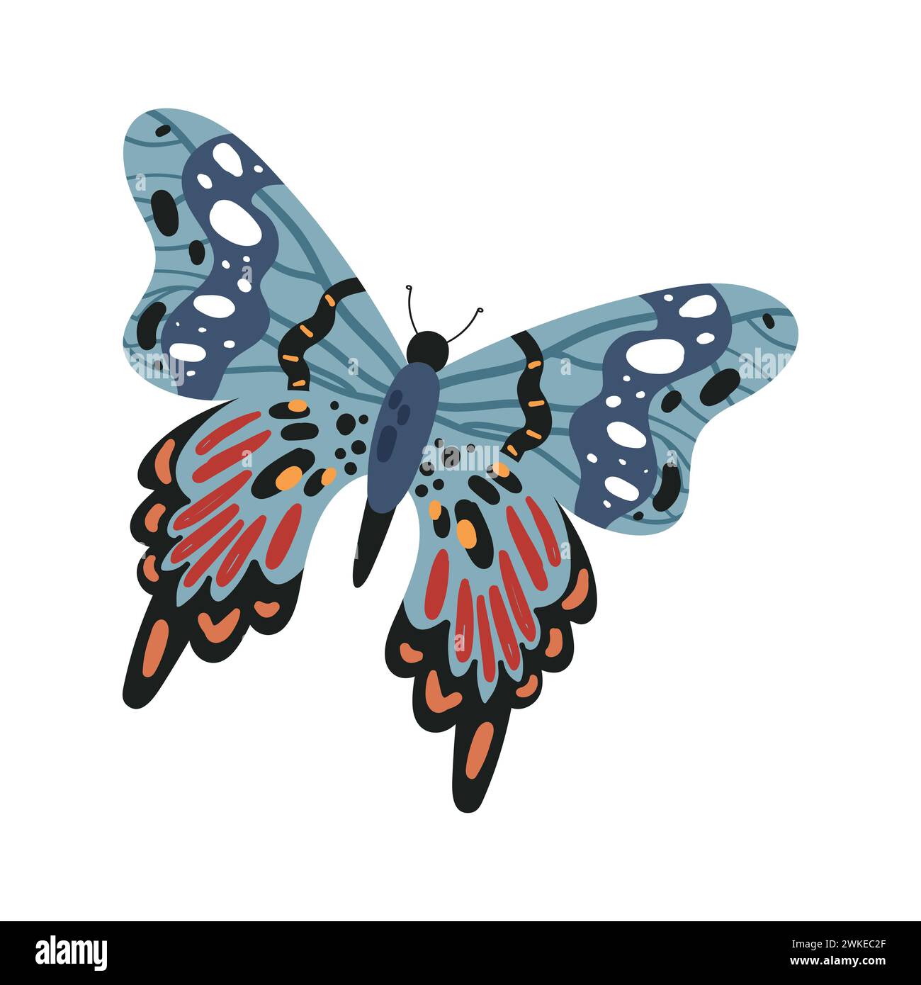 Cartoon colorful hand drawn butterfly flying vector illustration ...
