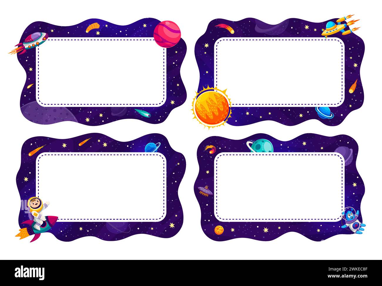 Cartoon frames with galaxy space, rockets and kid spaceman astronaut ...