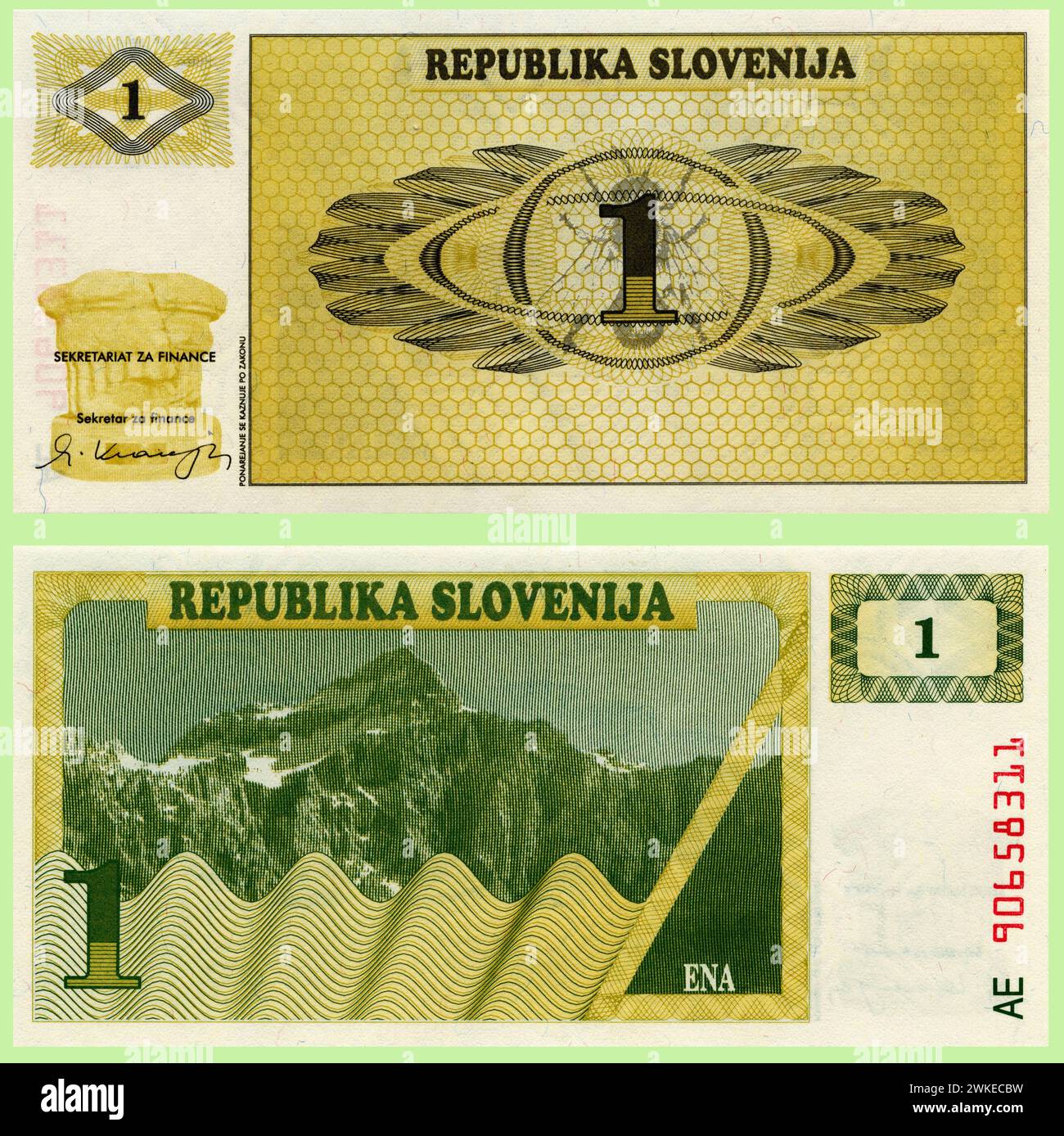 Europa. Eslovenia. Billete de un tolarjev emitido por la Repúblika ...