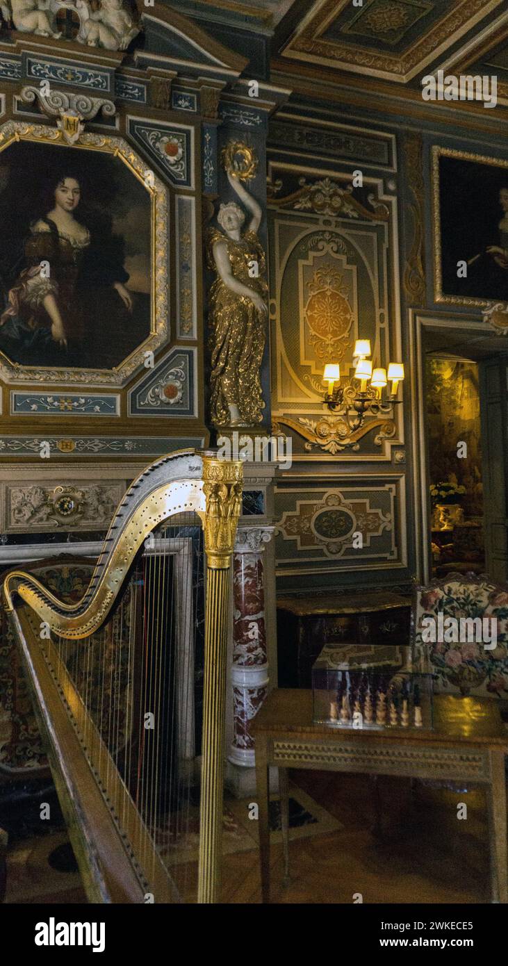 the inside of Cheverny castle with paintings, chandelier and harp Stock ...