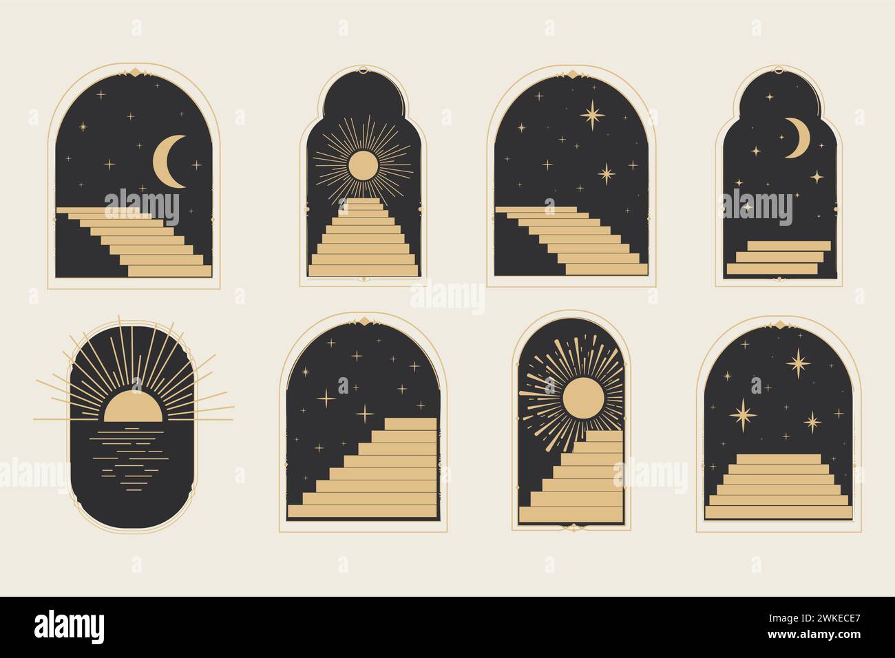 Set arch window line frame celestial, mystic with staircase, astrology symbols moon and sun ...