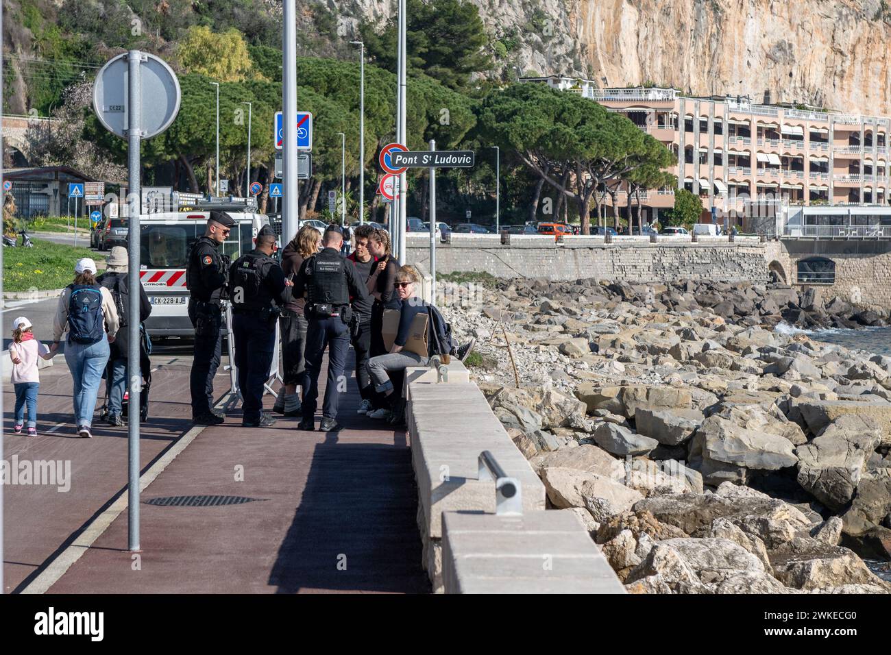 Menton, France. 19th Feb, 2024. Pro-migrant activists C protest against ...