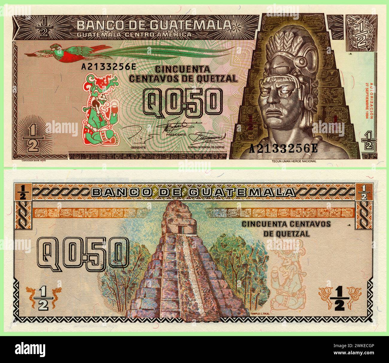 América. Guatemala. Billete de cincuenta centavos de quetzal emitido ...