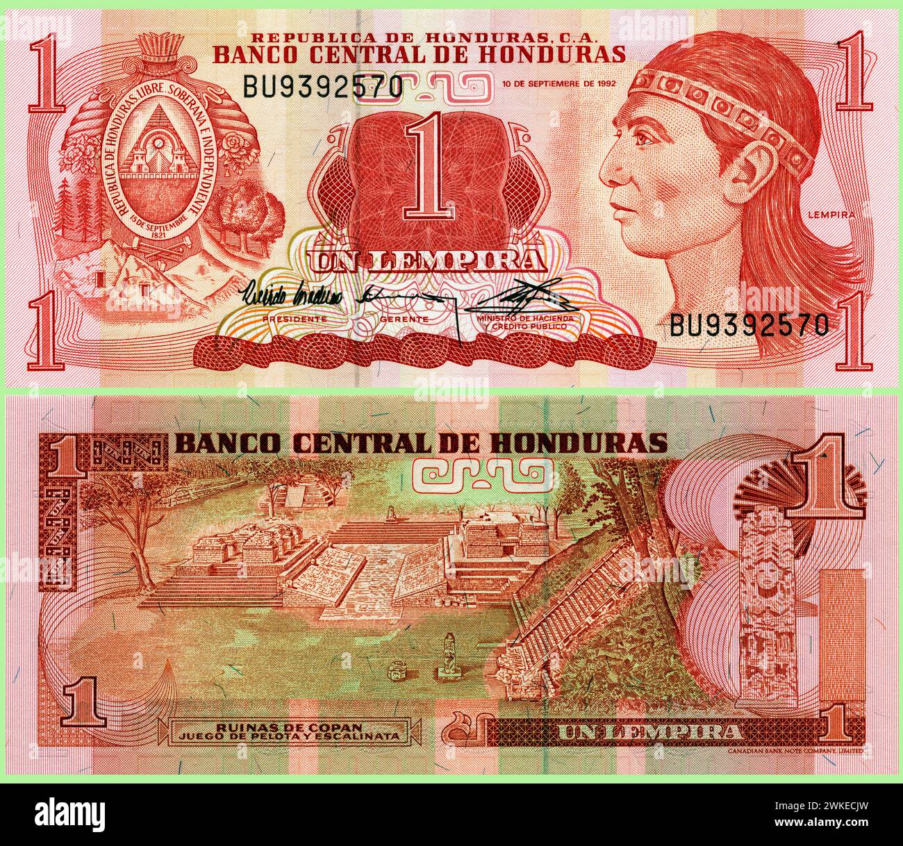 América. Honduras. Billete de un lempira emitido por el Banco Central ...