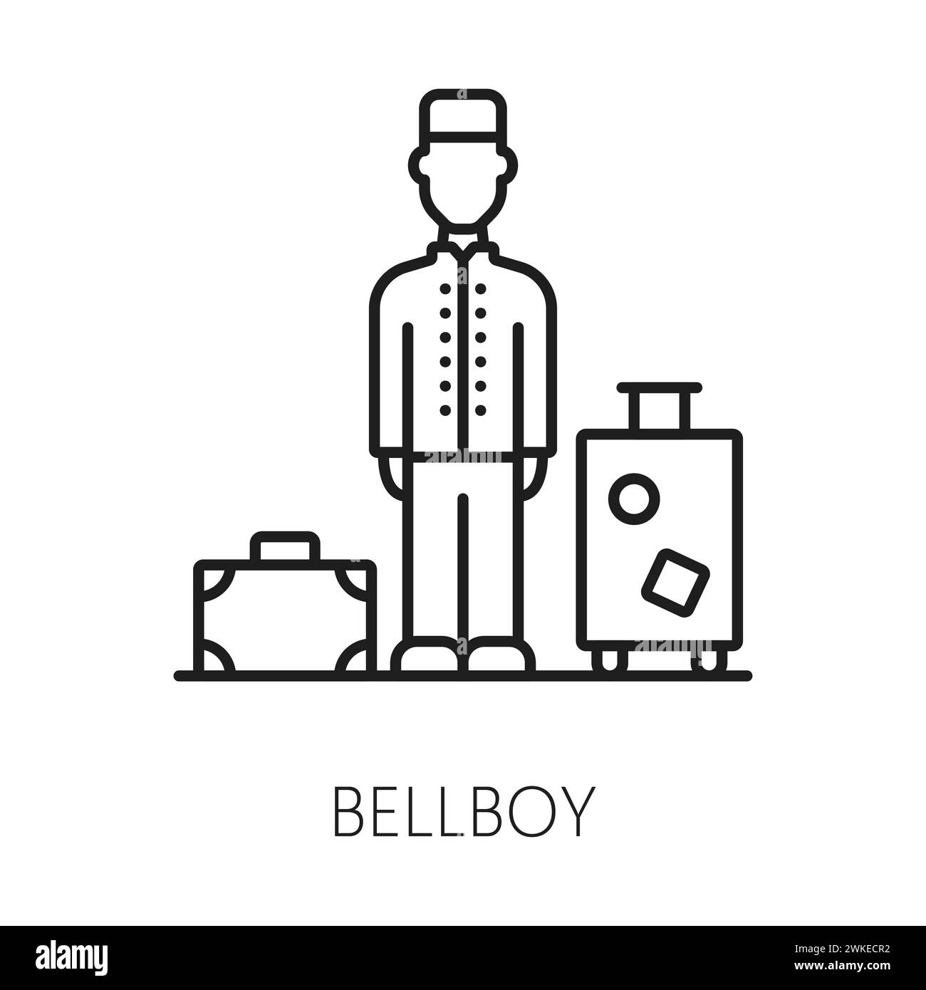 Porter with luggage, hotel staff service doorkeeper thin line icon. Vector bellboy in uniform ...