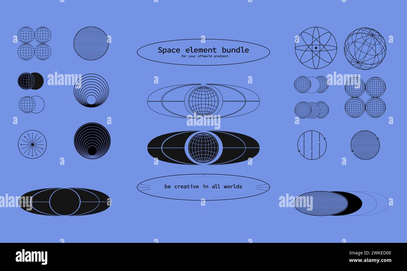 Collection of abstract geometric space-themed elements on blue background with text overlays ...