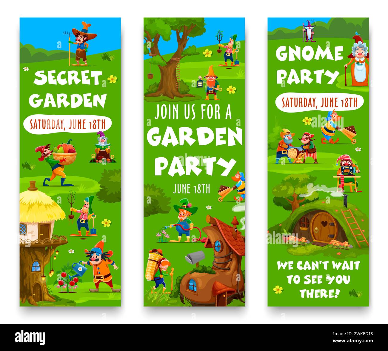 Cartoon garden gnome and dwarf characters, fairytale house buildings ...