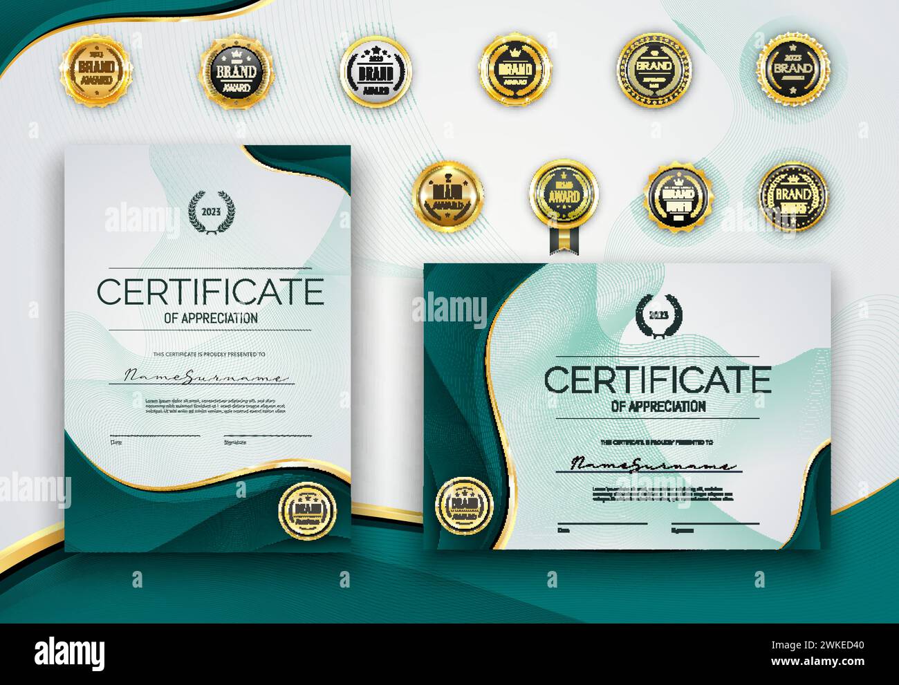 Turquoise certificate diploma award template with golden seals ...