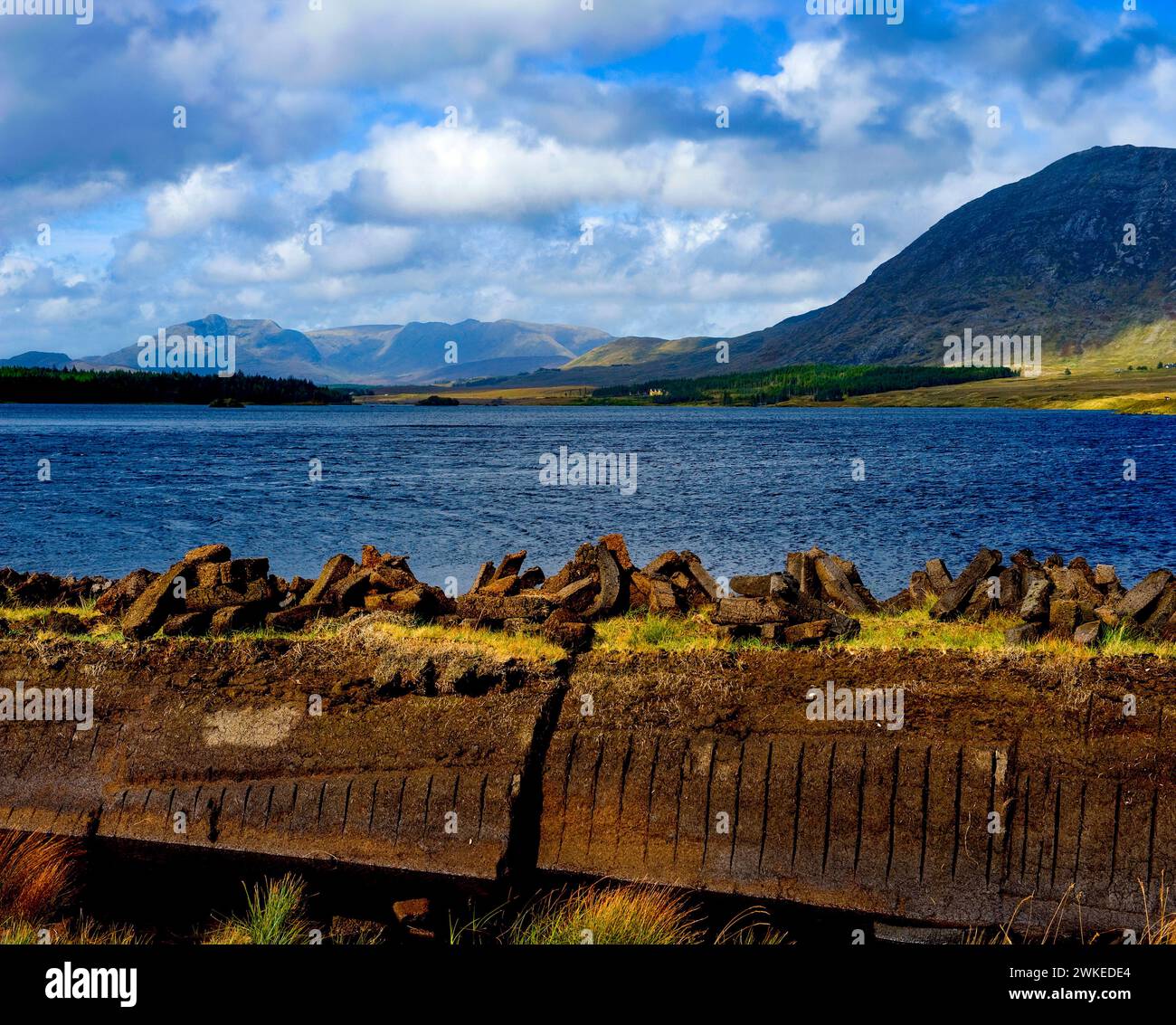 Cut Turf on the bank of Lough Inagh, Connemara, County Galway, Ireland ...
