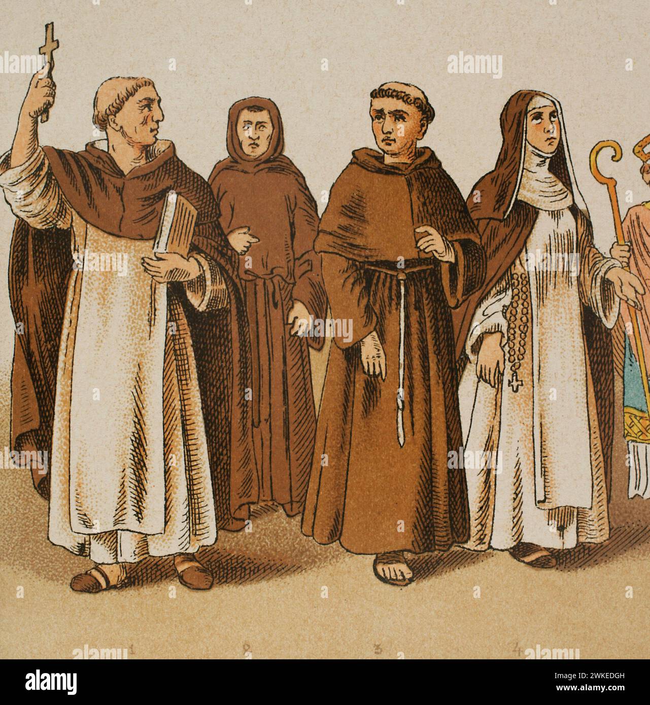 History of Italy. 1200. From left to right, 1: Dominican monk, 2: Augustinian friar, 3 ...