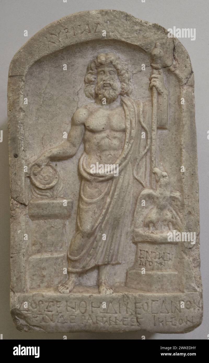 Zeus and an eagle. Marble votive tablet with dedication to Zeus: Helios ...