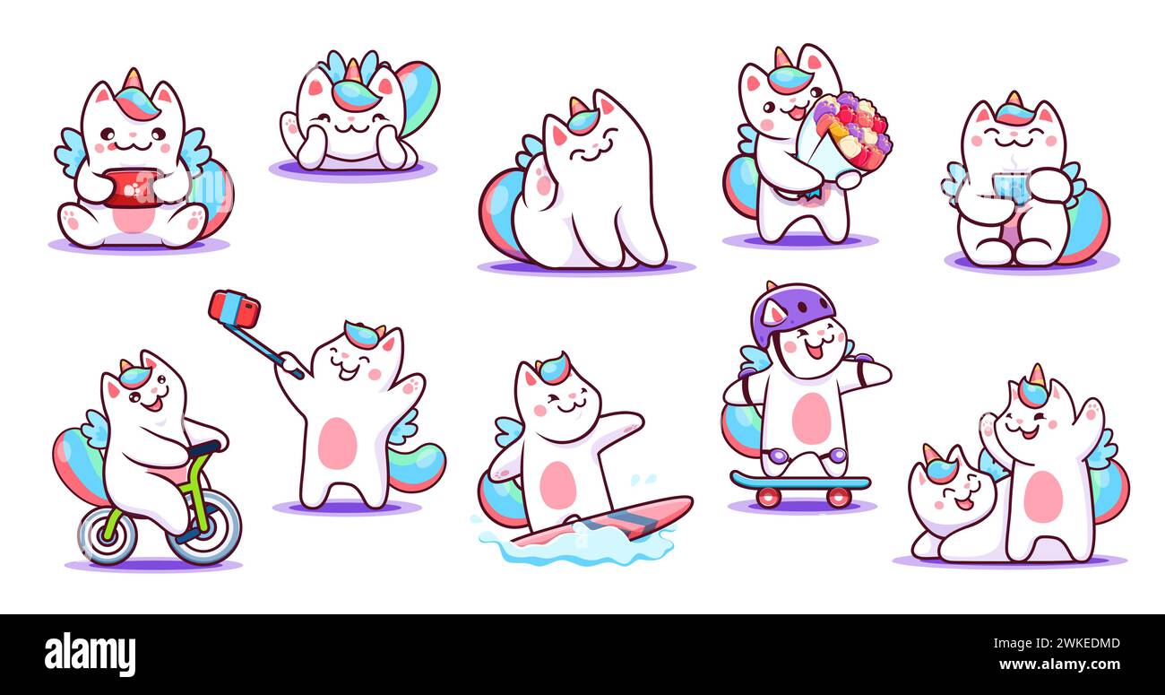 Cartoon kawaii caticorn cat and kitten pet characters. Cute unicorn cat ...