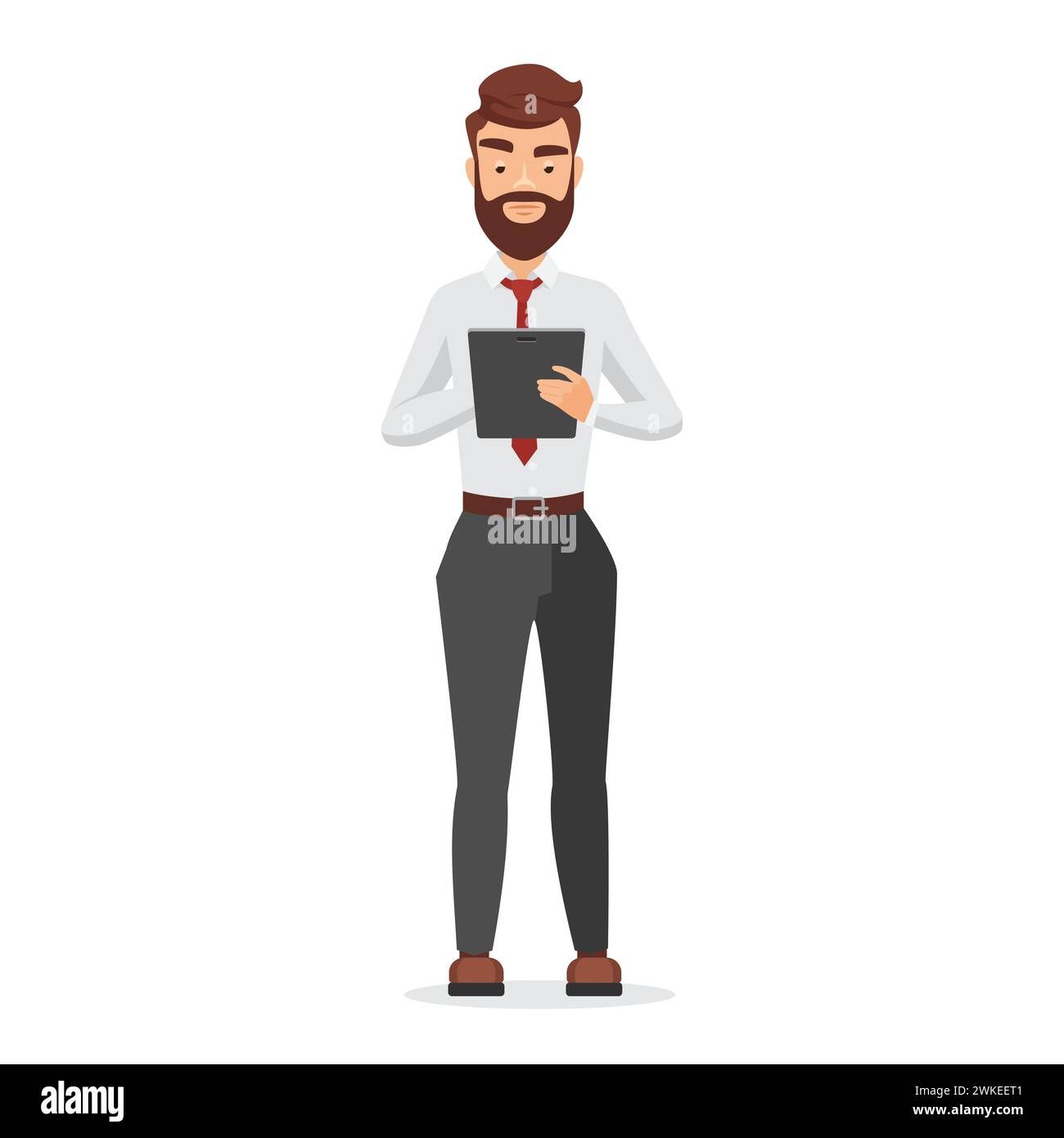 Funny serious businessman holding tablet to work with digital business ...