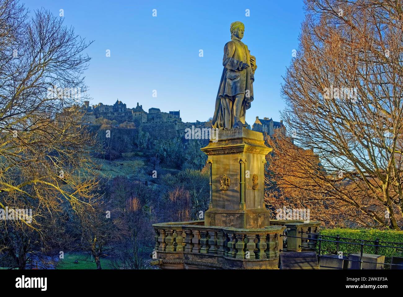 UK, Scotland, Allan Ramsay Monument and Edinburgh Castle Stock Photo ...