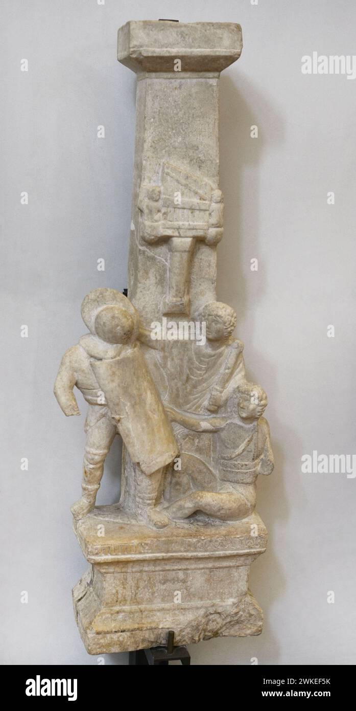 Ending of a gladiator fight. A defeated retiarius begs the spectators ...