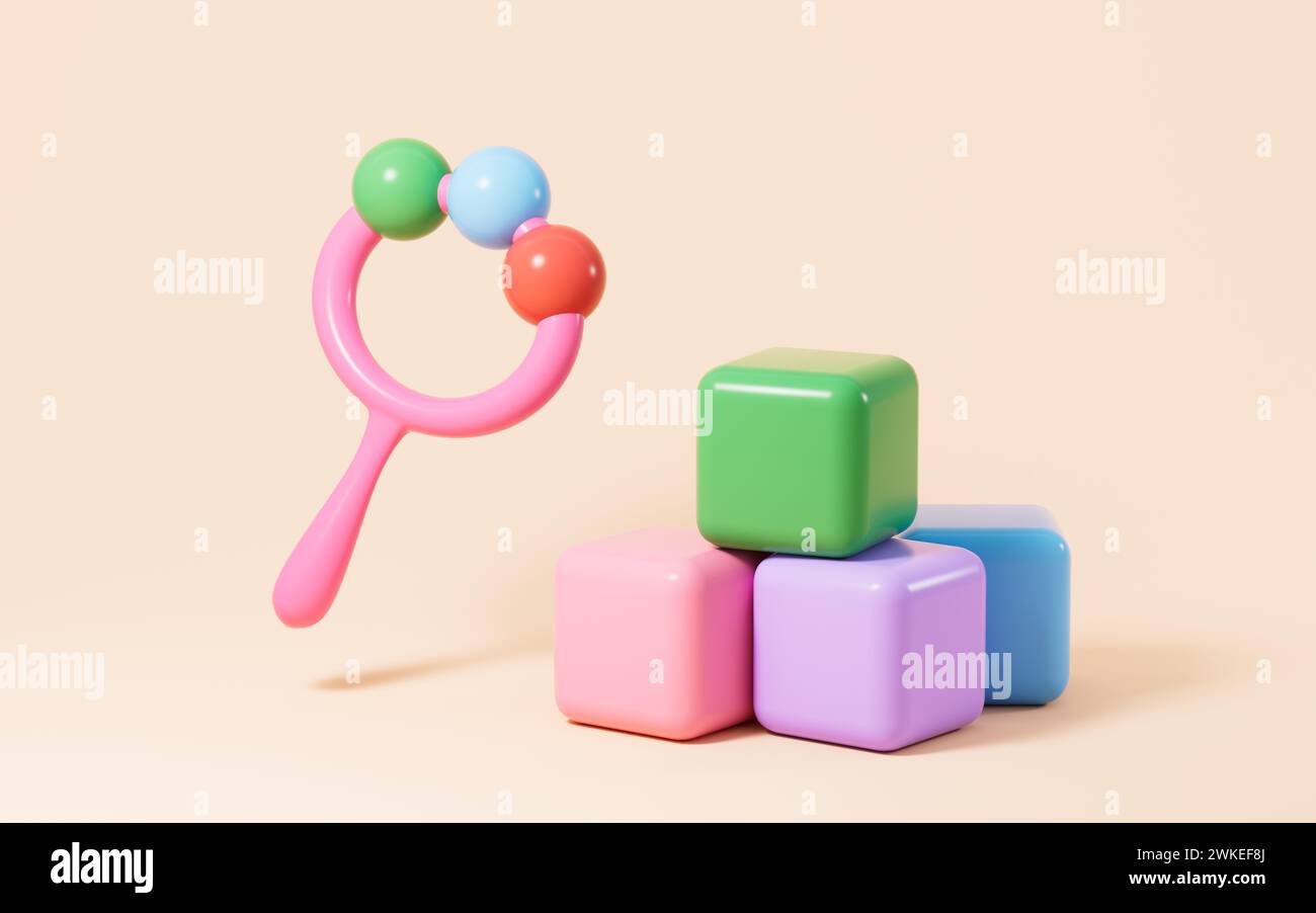 Baby rattle-drum, baby building blocks, baby product, 3d rendering. 3d ...