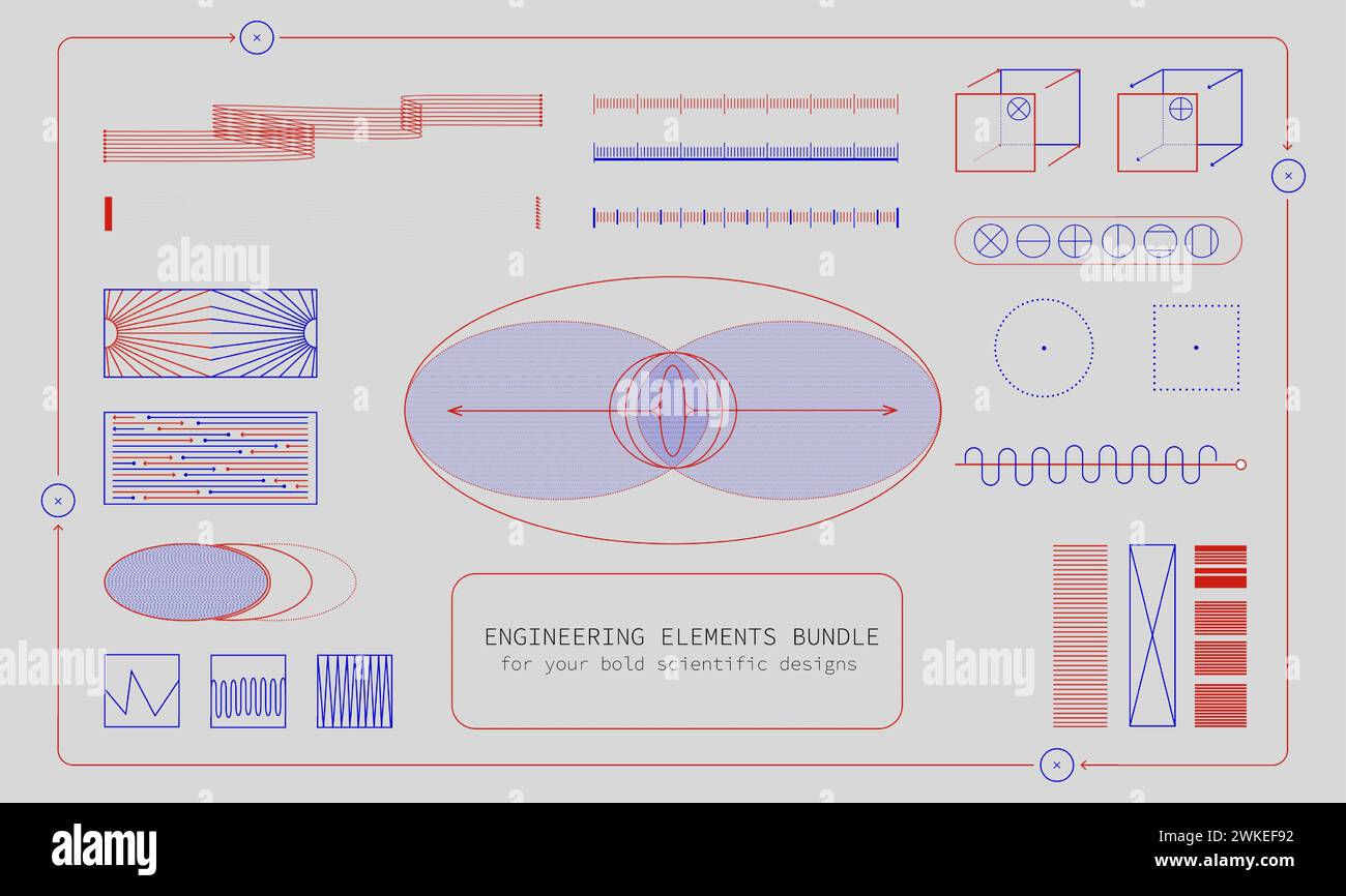 An assortment of engineering diagrams and wave patterns in red and blue ...