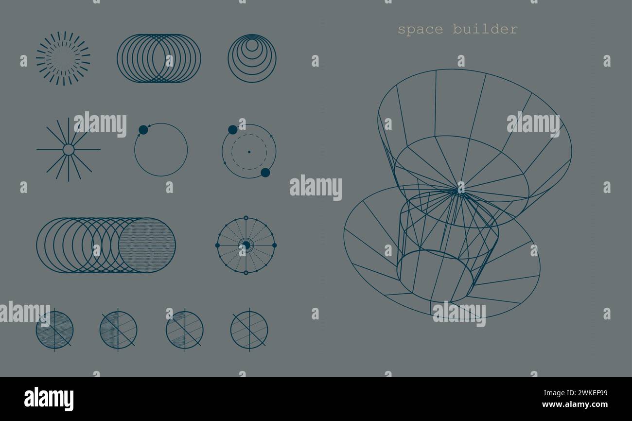 Diagrams and wireframe of celestial bodies and orbits in dark blue on a ...