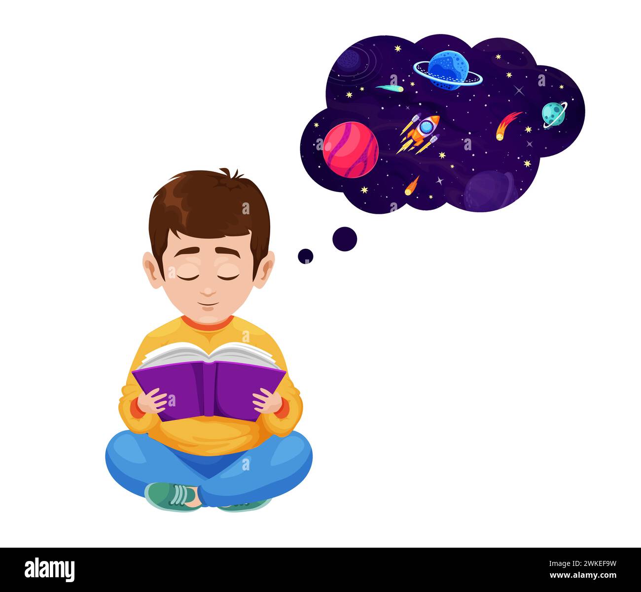 Boy reading book and dreaming about galaxy space rockets and planets ...