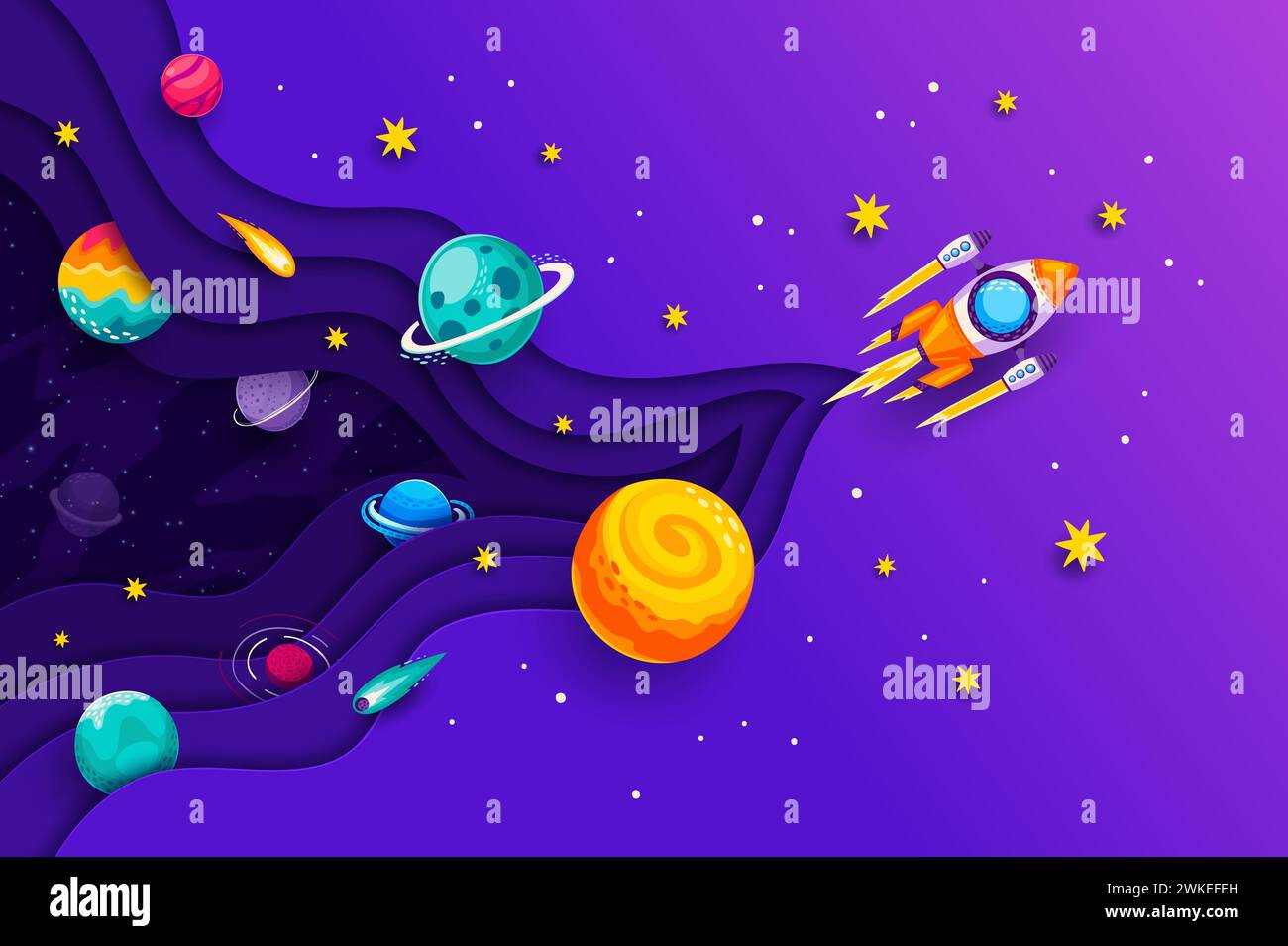 Universe space paper cut banner with rocket and galaxy planets, cartoon ...