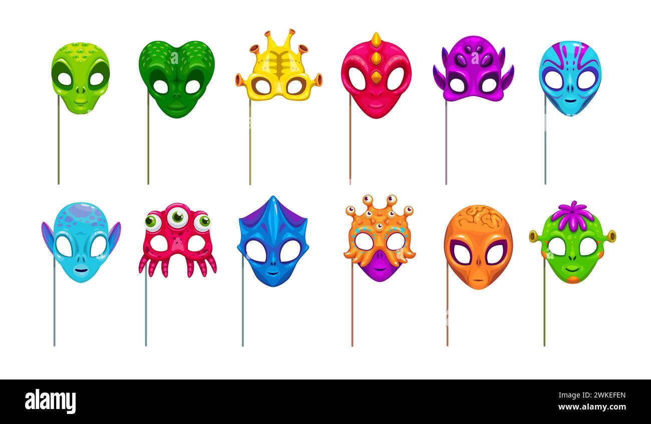 Alien masks with props for kids party, avatar or photo booth, vector ...