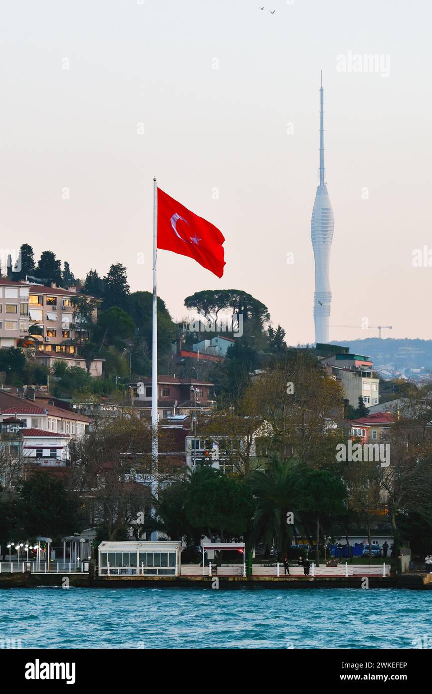 Cityscape of the city of Istanbul, Bosphorus, city quay and TV tower at ...
