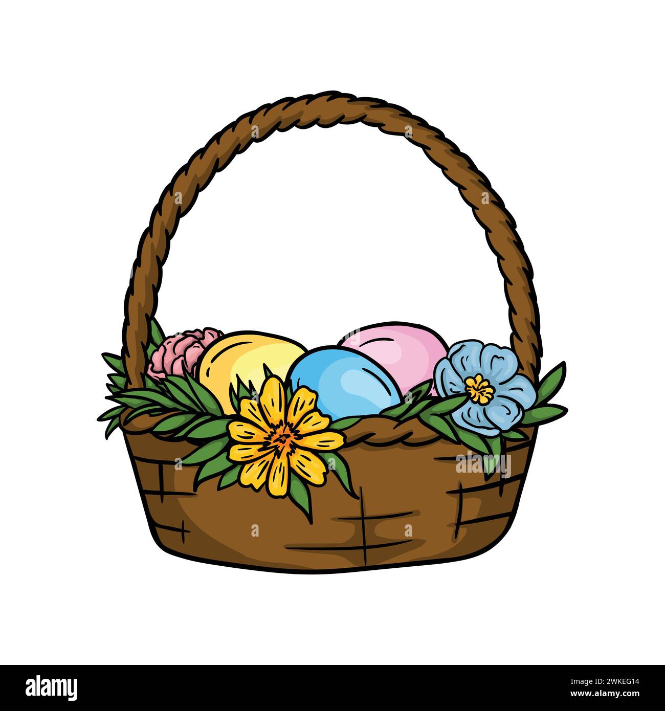 Vector illustration of Easter basket with painted eggs and flowers ...