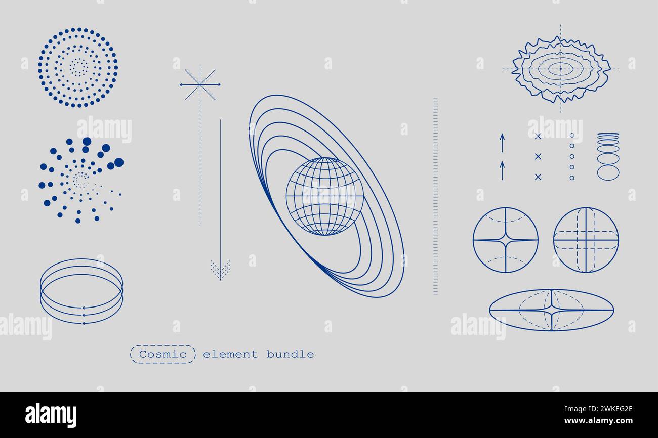 Collection of astronomical diagrams and cosmic shapes in blue on white ...