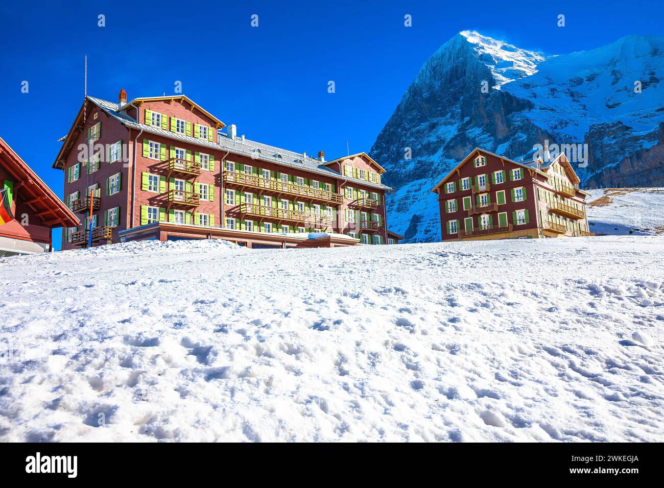 Kleine Scheidegg and Eiger peak view, Alps landscape in Berner Oberland ...