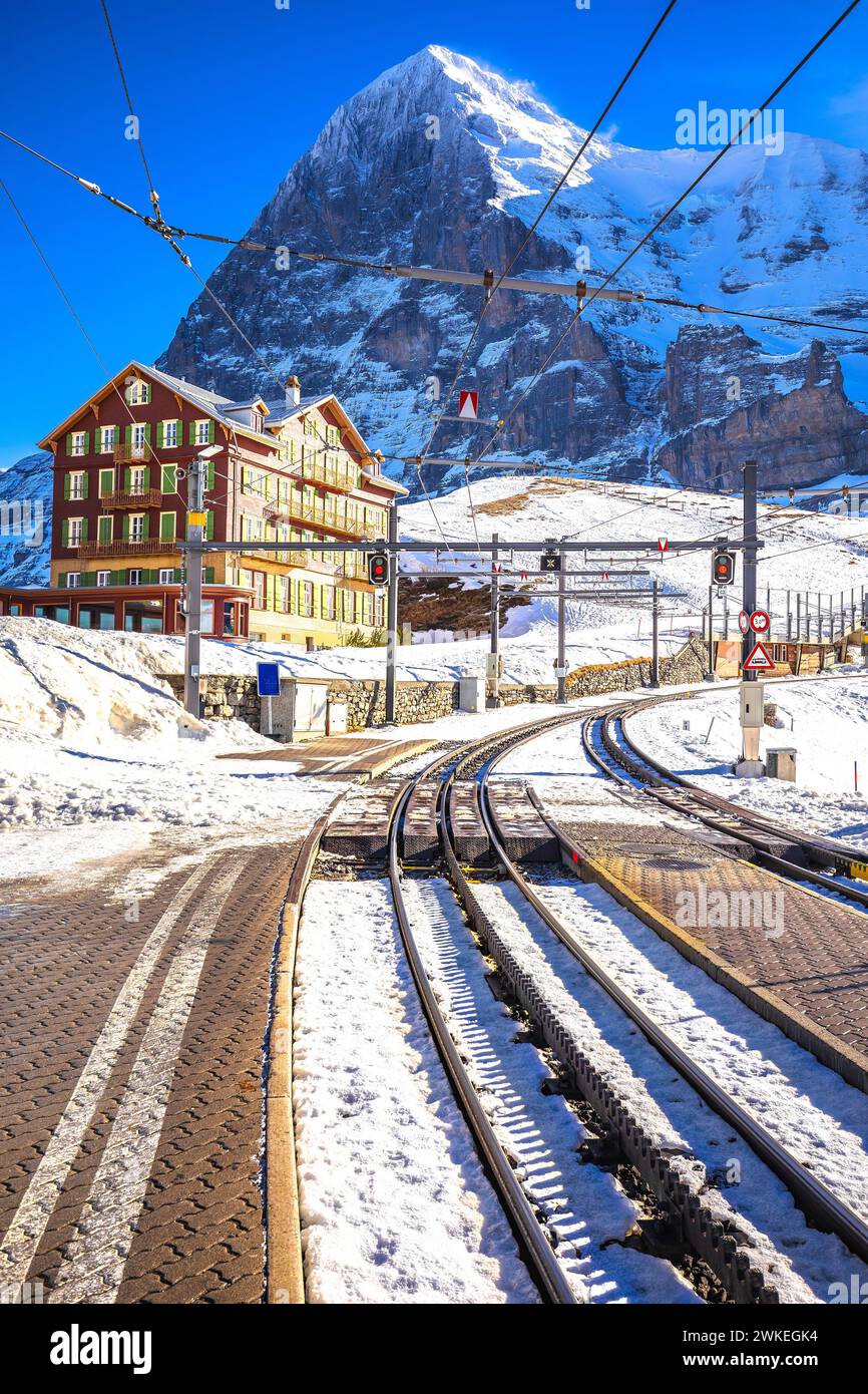 Kleine Scheidegg railway to Jungfraujoch and Eiger peak view, Berner ...