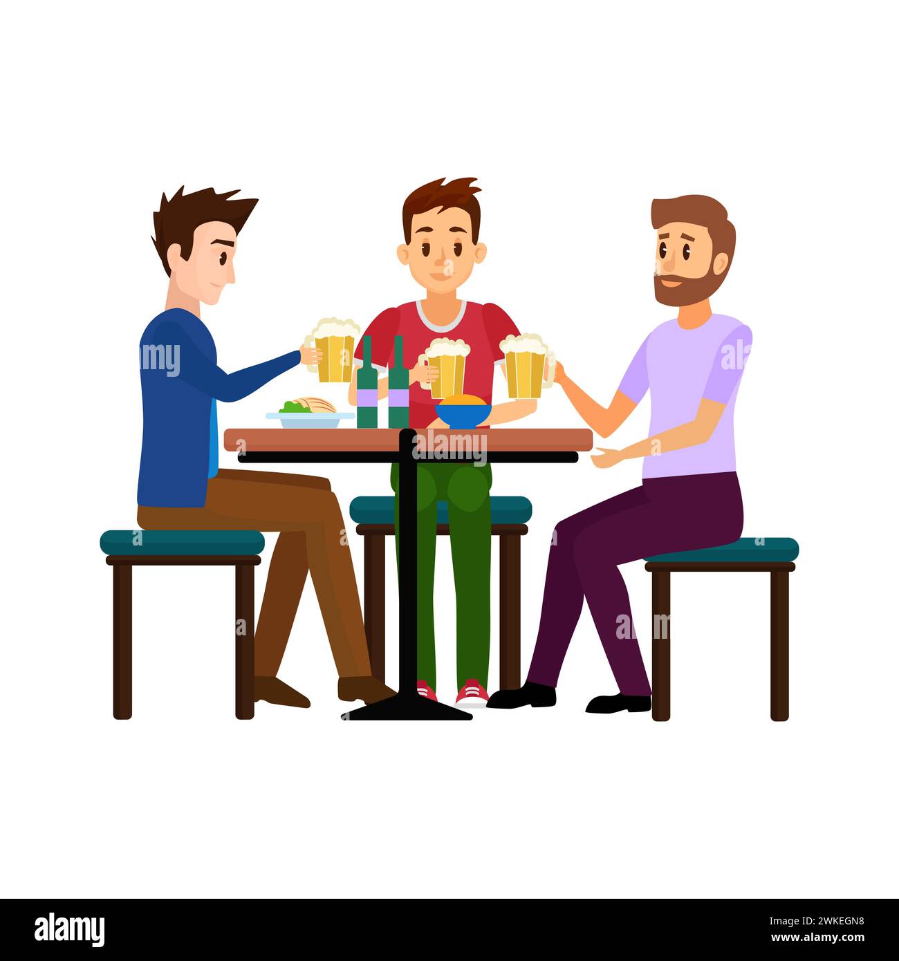 Men sitting at pub table, happy male friends drinking beer from mugs ...