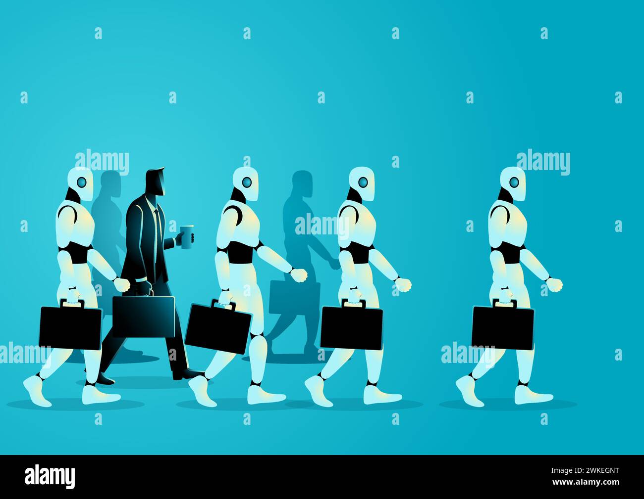 Human businessman amidst a crowd of robots, carrying a briefcase and ...
