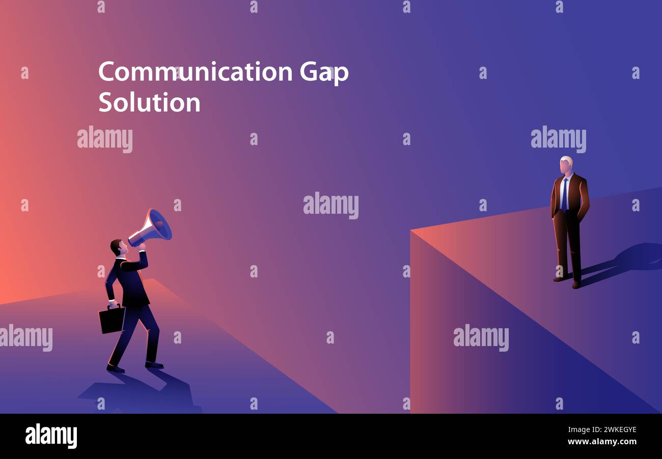 Young businessman uses a megaphone to bridge the gap with an older ...