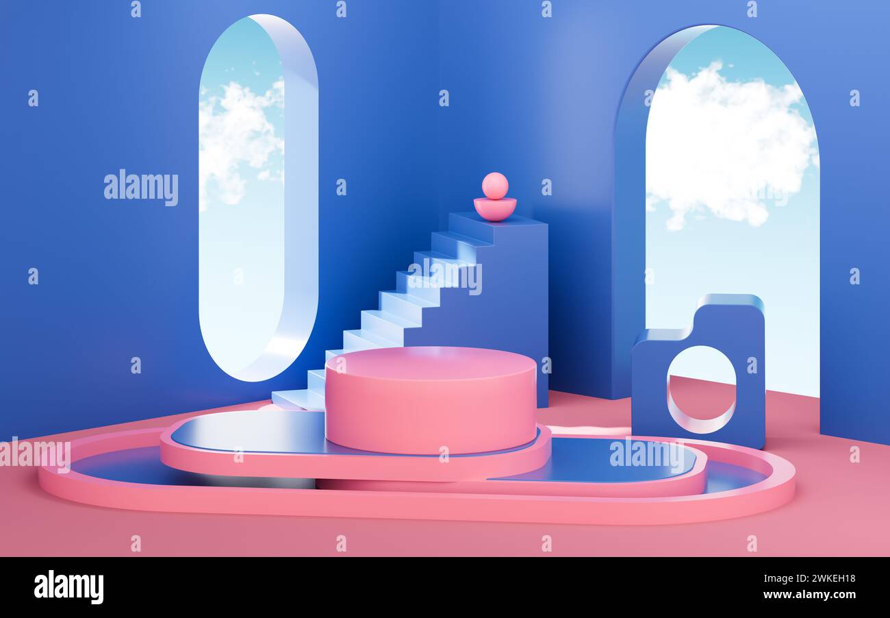 Abstract geometric architecture and empty stage, geometric figure, indoor light and shadow, 3d ...